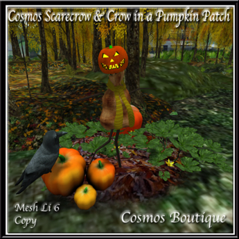 Second Life Marketplace - Cosmos Scarecrow & Crow in a Pumpkin Patch MESH (Box)